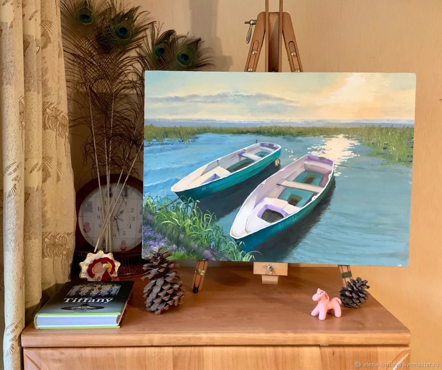 Картина летний пейзаж на озере Рыбачьи лодки маслом – заказать на ...