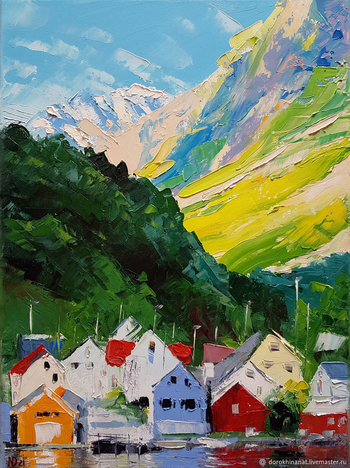 Картина Горный пейзаж маслом. Город Норвегии на фоне леса и гор. в ...