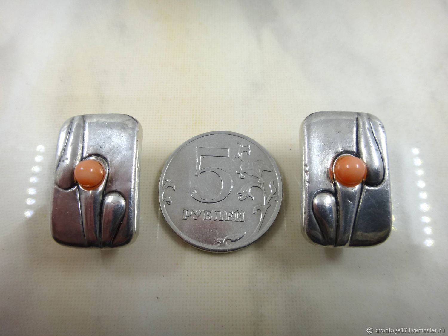 Винтаж: Дизайнерские серьги, Арт-деко, серебро 960 пр., коралл, Санкт ...