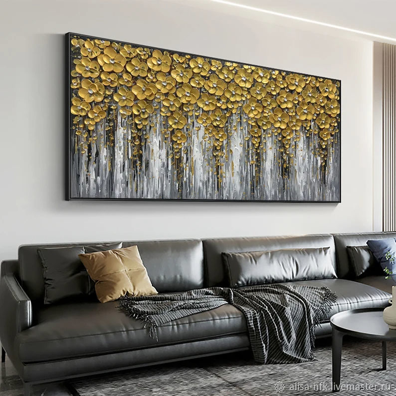 Объемная картина на холсте маслом с золотой и серебряной поталью Цветы ...