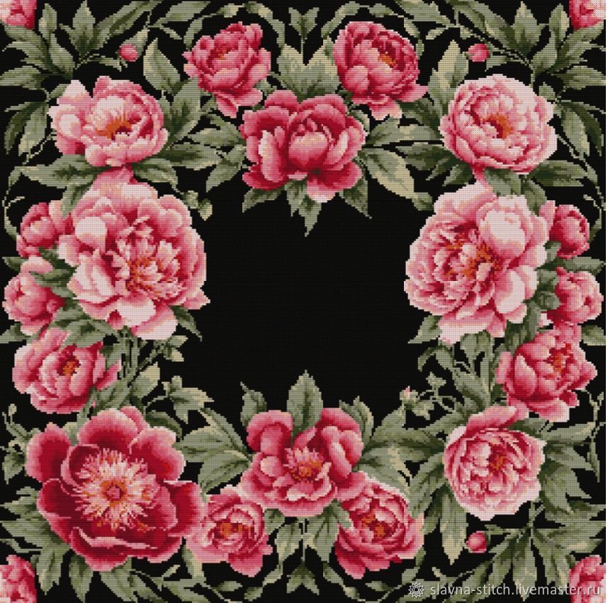 Схема для вышивки крестиком: скатерть гирлянда с пионами в интернет ...