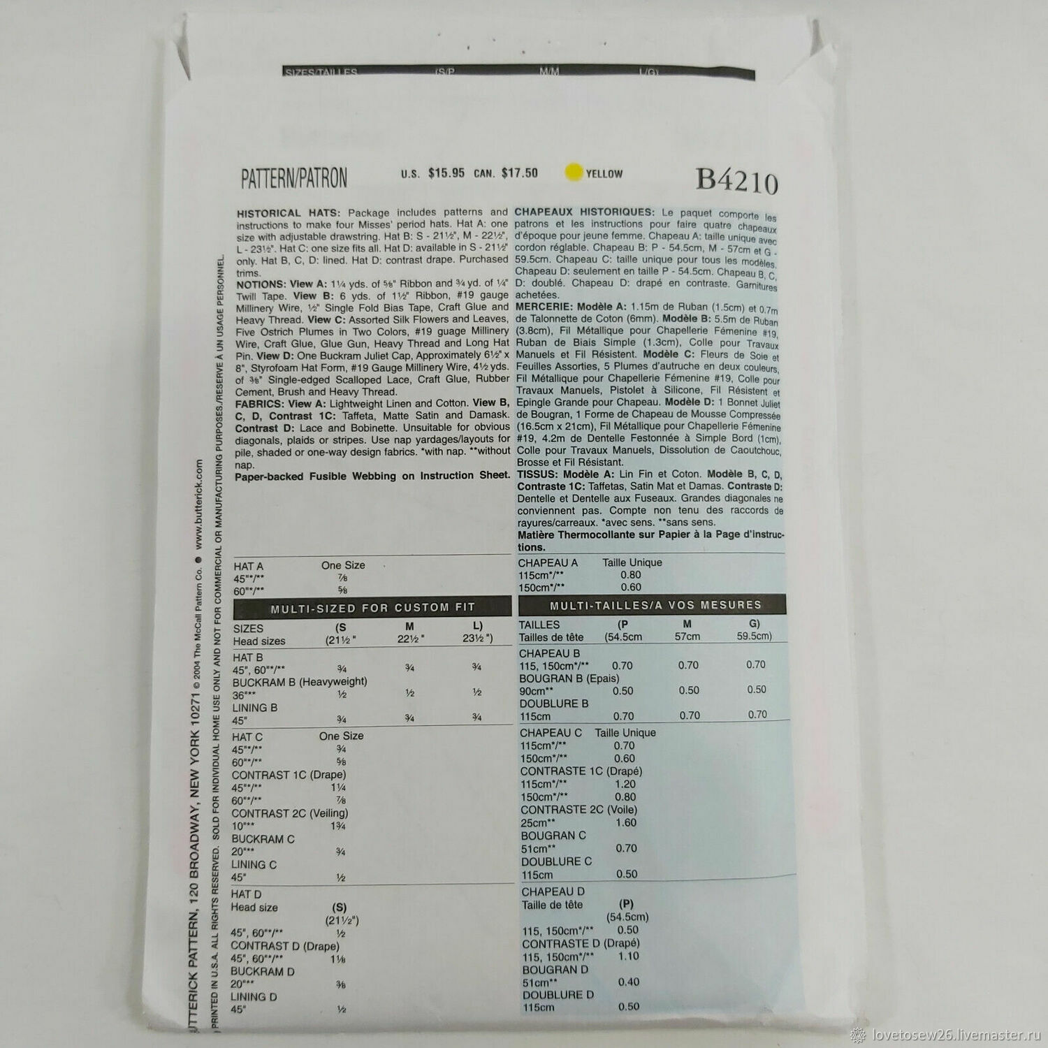 B4210 Выкройки 4 исторических головных уборов Butterick 4210 в интернет ...