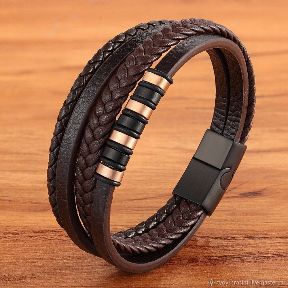Браслет кожаный мужской многослойный коричневый Rose Gold LTH520 ...