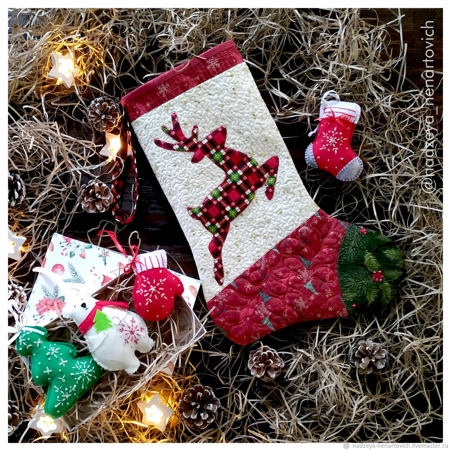 Новогодний носок: с аппликацией оленя и декоративной стежкой – заказать ...