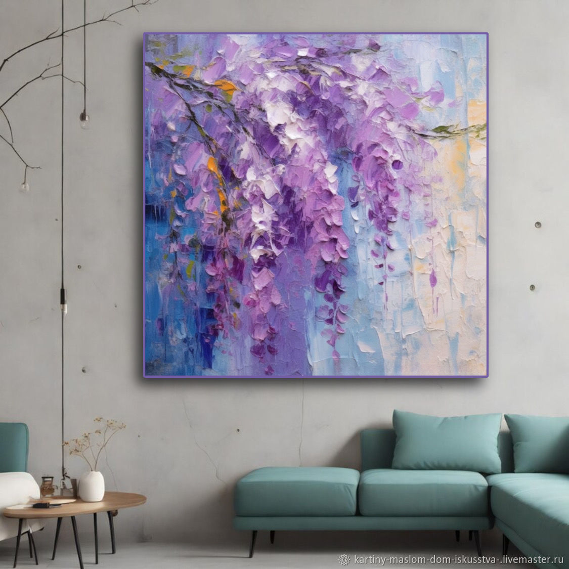 Картина маслом Одинокая ветка сирени Текстурная картина для интерьера в ...