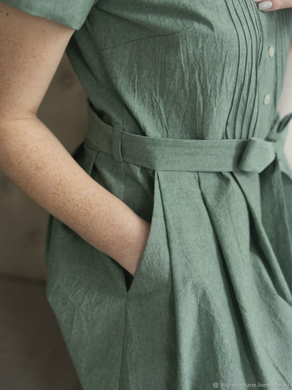 Зеленое летнее платье, из хлопка, повседневное, в офис, на пуговицах в ...