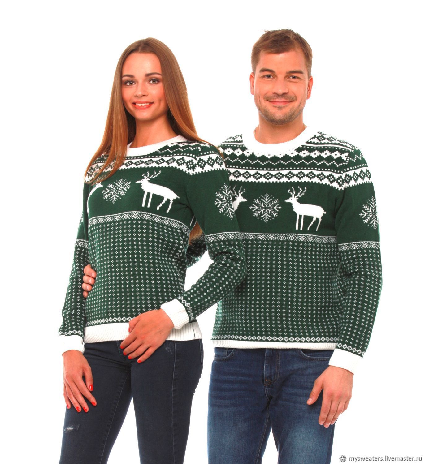 Свитер "Рождественские олени" из шерсти бело-зеленый в интернет ...