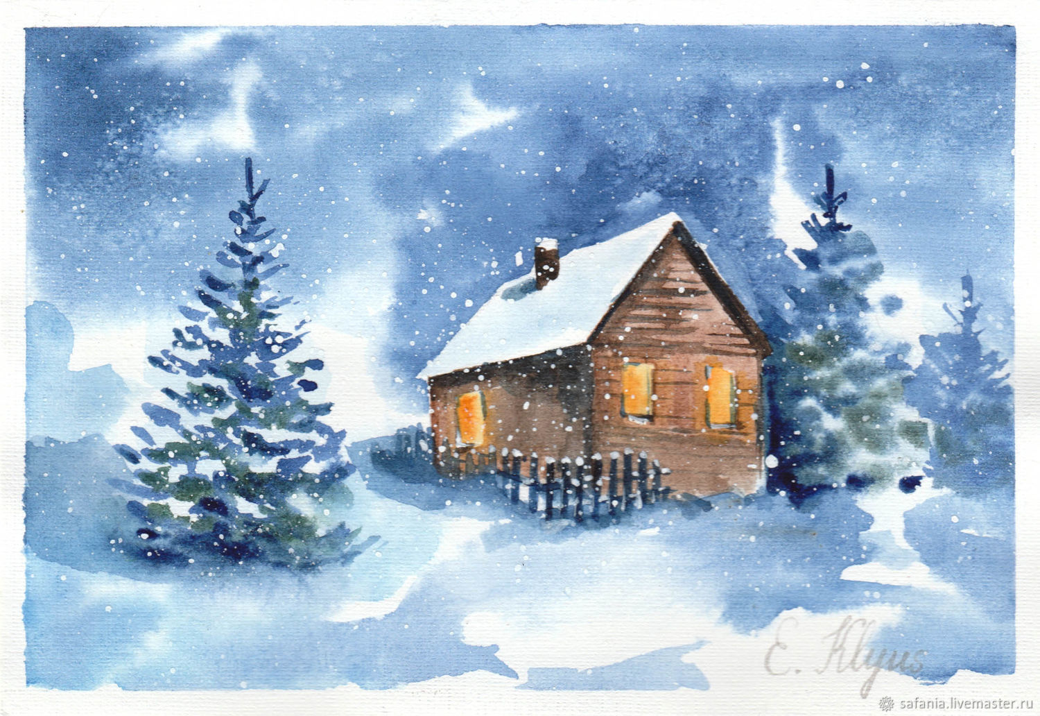 Акварель "Зимний домик", открытки ручной работы, новогодние в интернет ...