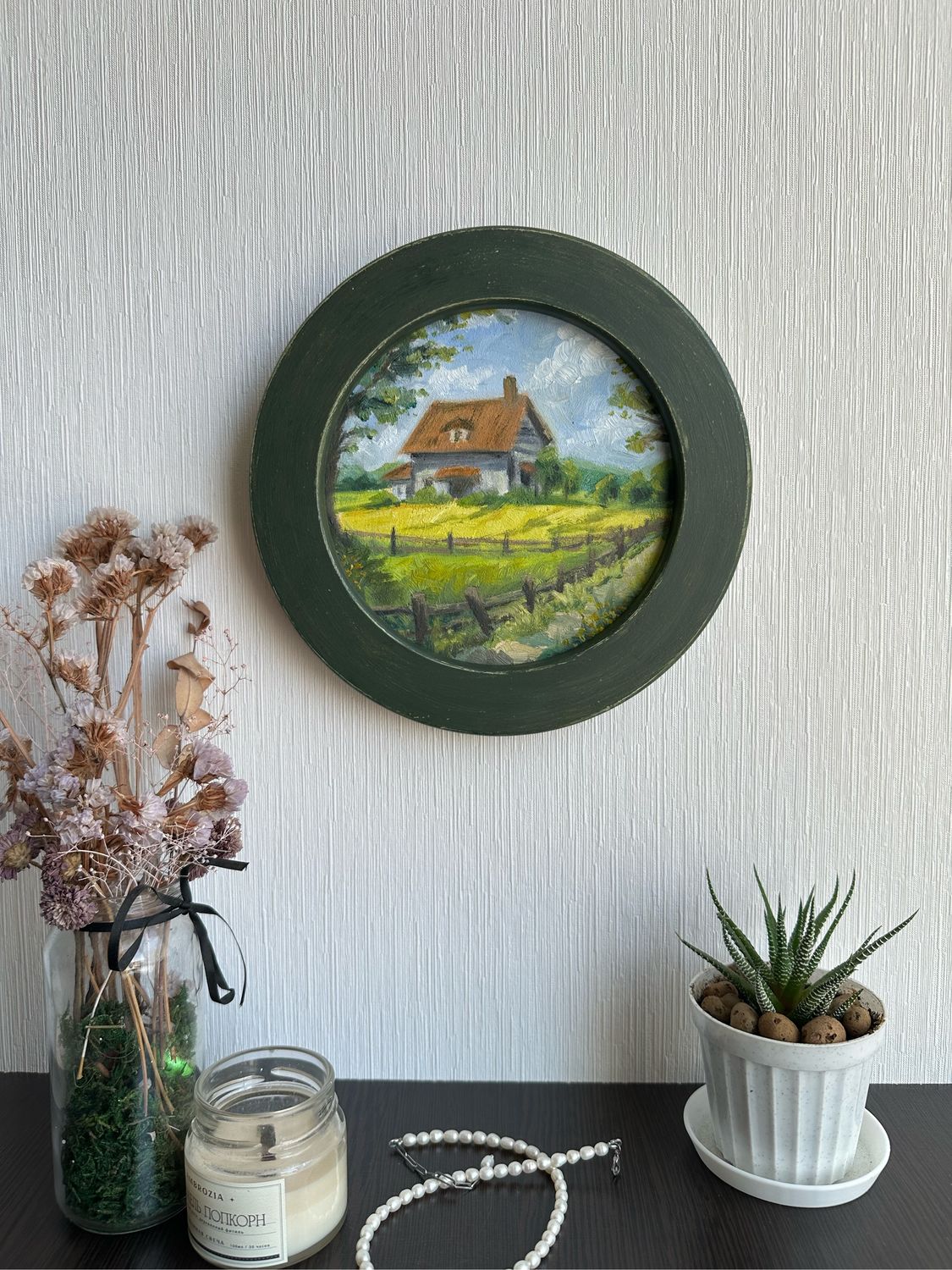 Картина маслом Летний день в деревне, круглая в раме в интернет ...