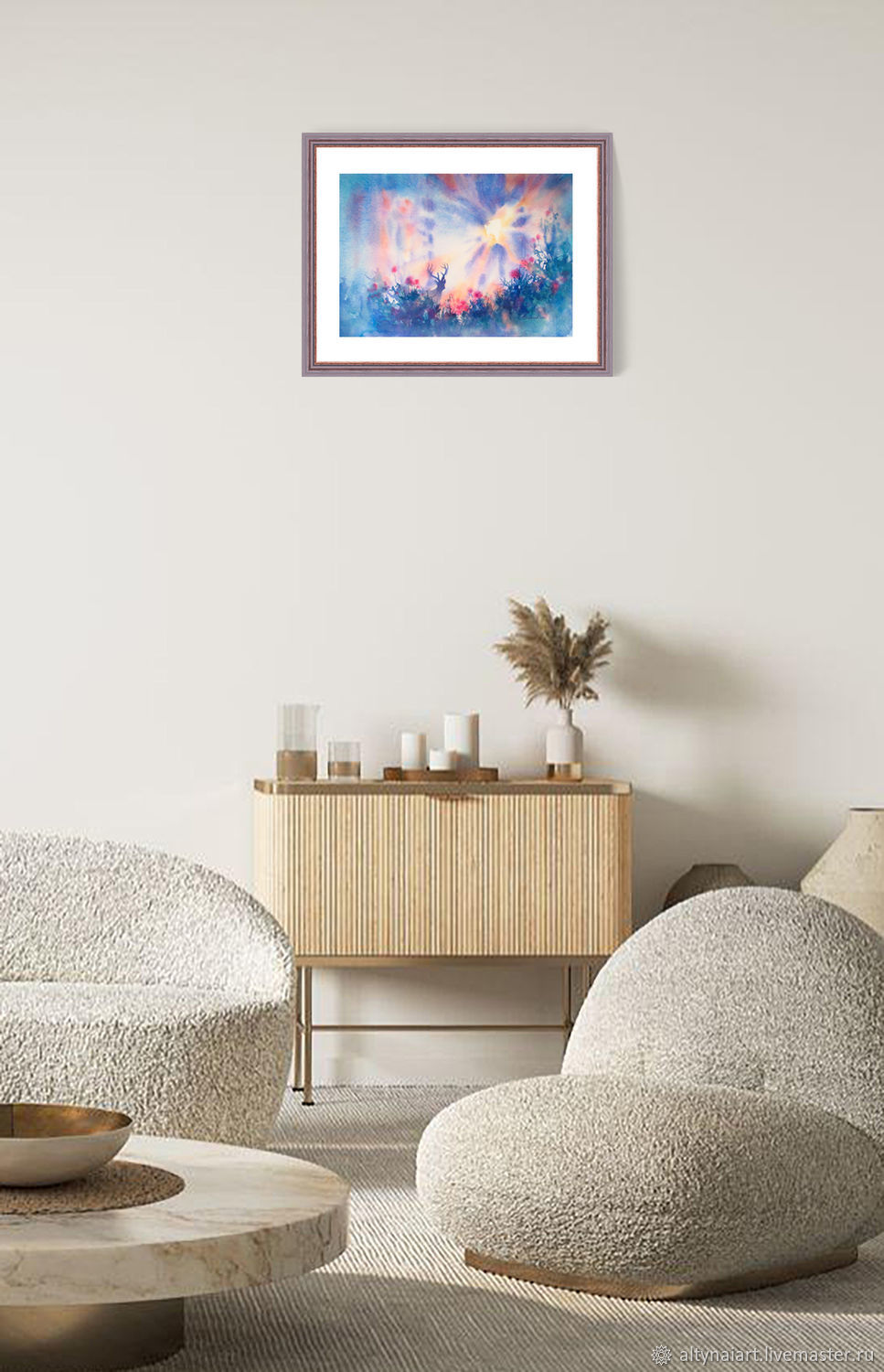 Картина: Лесной Пейзаж акварелью. Встреча с солнцем. Картина с оленью в ...