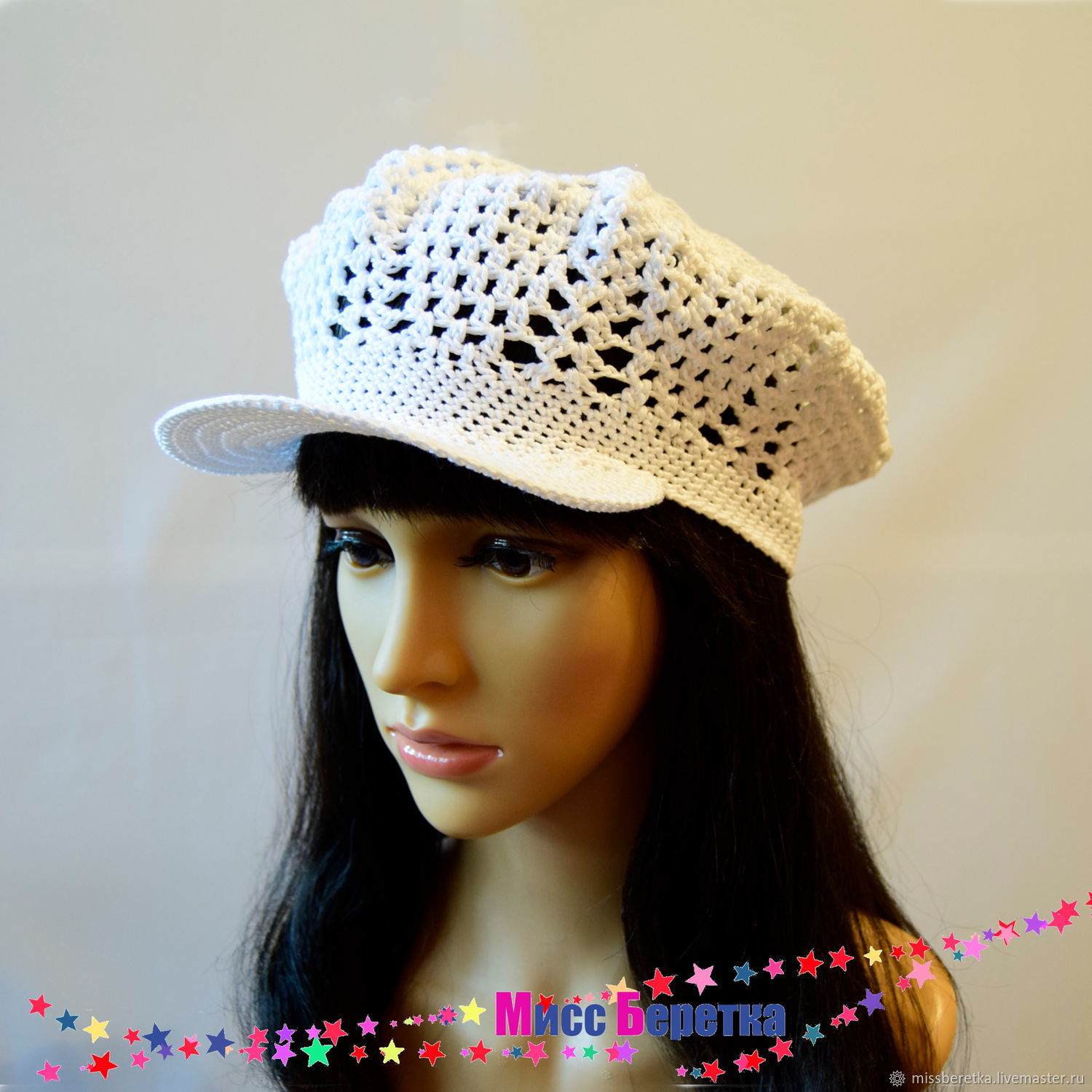 Кепи ажурной вязки из хлопка, белый цвет в интернет-магазине Ярмарка ...