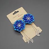 Заколки-невидимки с сине-голубыми цветами канзаши, с подвесками в ...