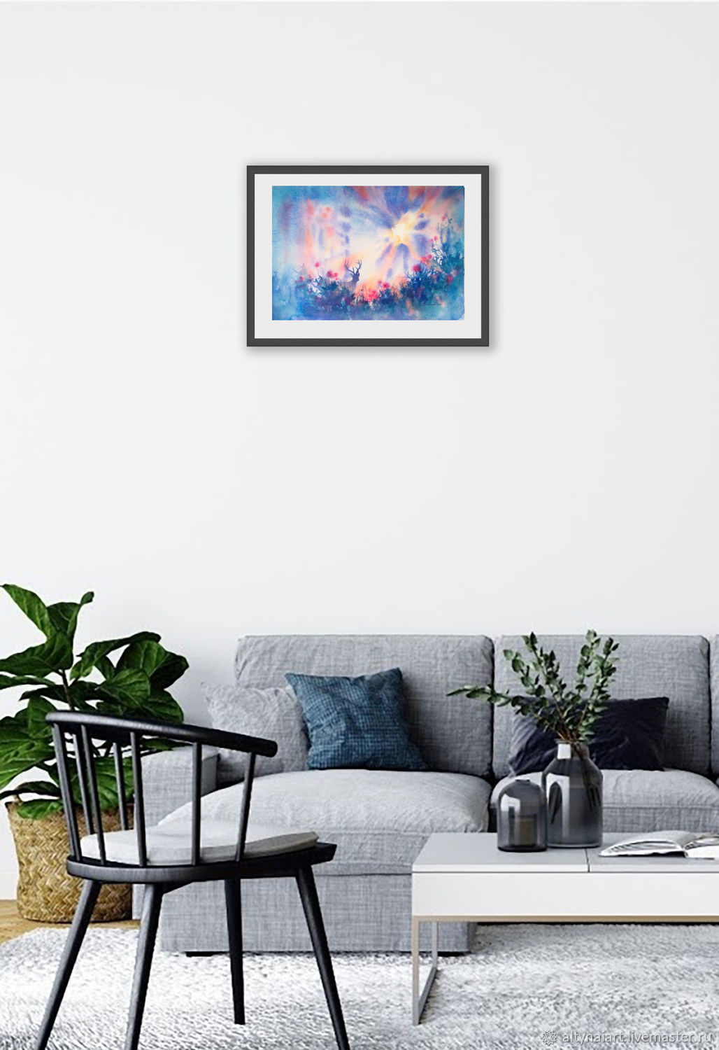 Картина: Лесной Пейзаж акварелью. Встреча с солнцем. Картина с оленью в ...