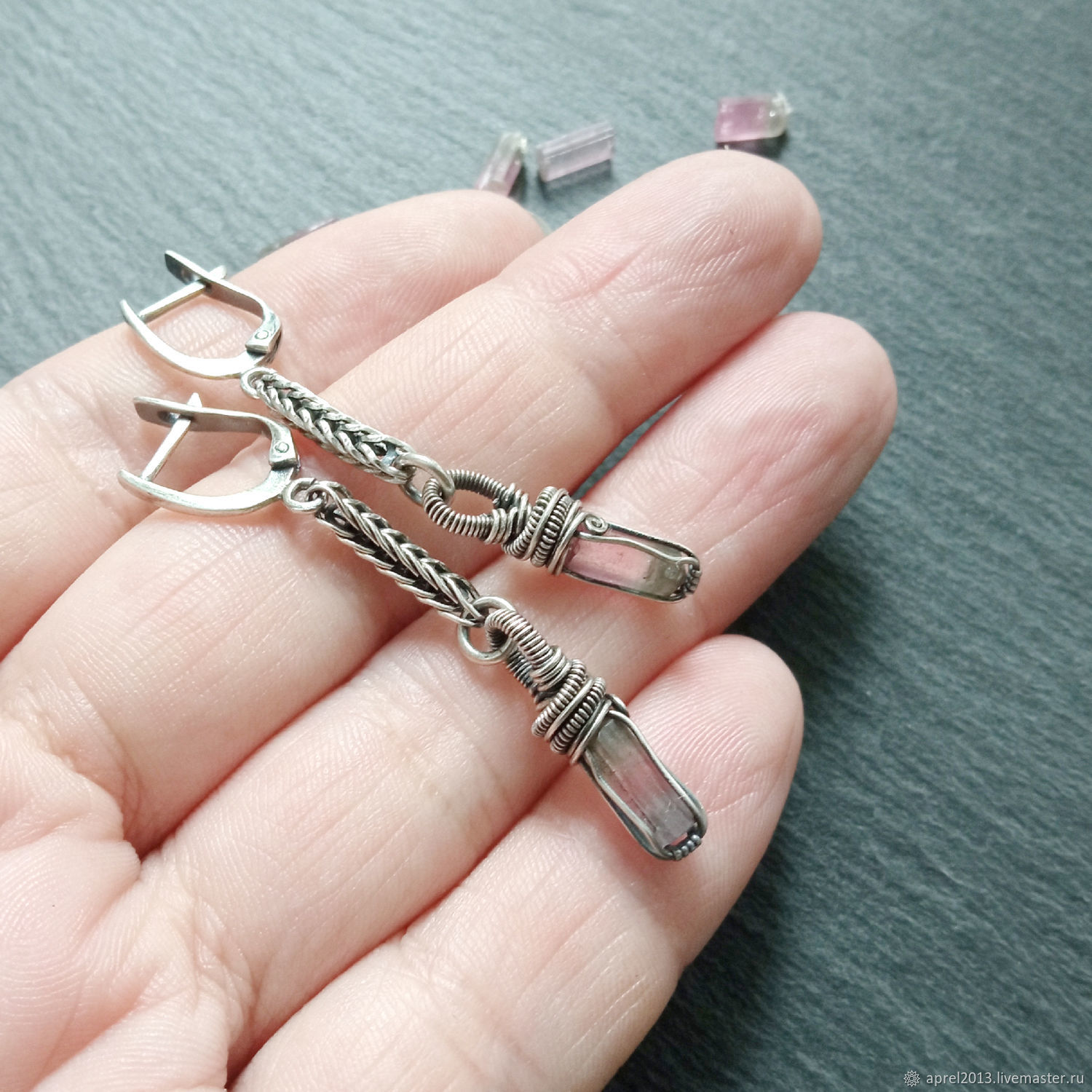 Серьги серебряные с турмалином Кристаллы (wire wrap) в интернет ...
