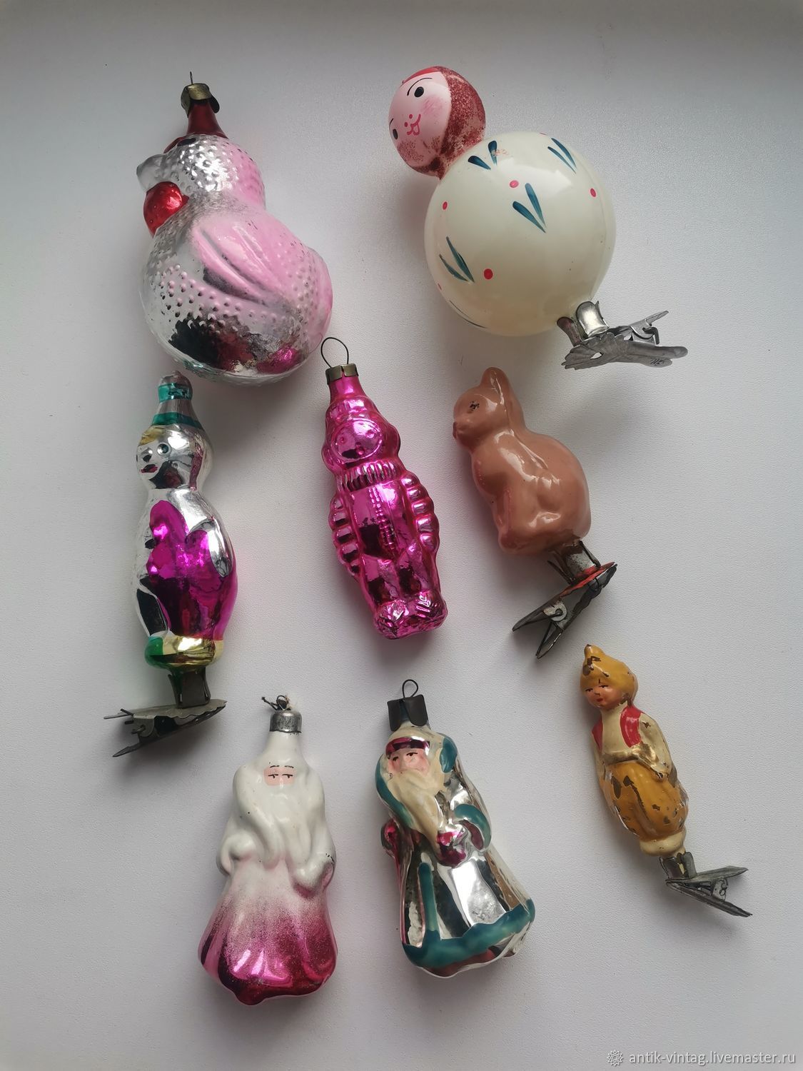 Винтаж: Игрушки елочные на прищепке муренка арлекин матрёшка дед мороз ...