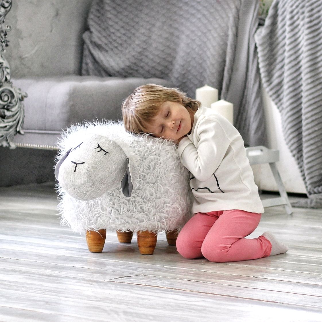 ПУФ БЕЛАЯ ОВЕЧКА длинношерстная для гостиной, детской, спальни в ...