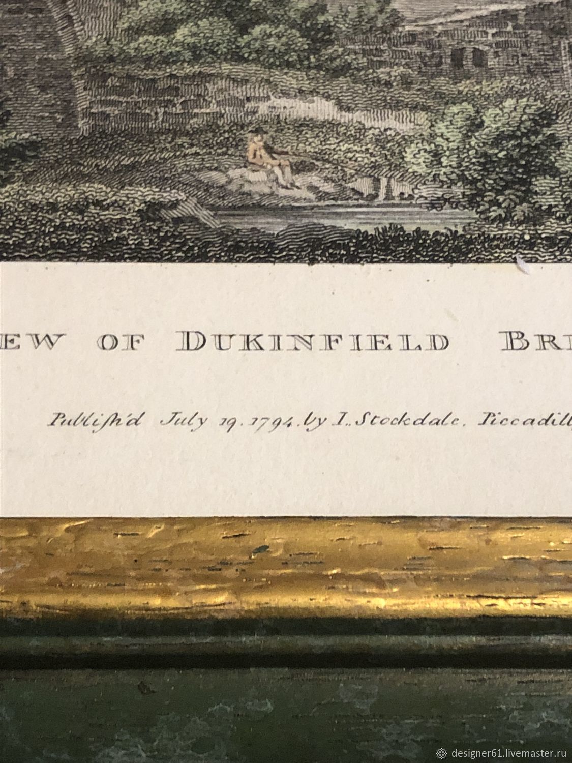 Винтаж: 1794 VIEW OF DUKINFIELD BRIDGE Старинная цветная гравюра в раме ...