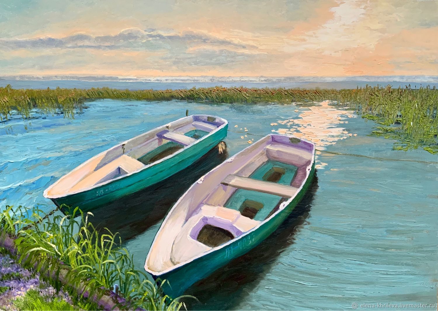 Картина летний пейзаж на озере Рыбачьи лодки маслом – заказать на ...