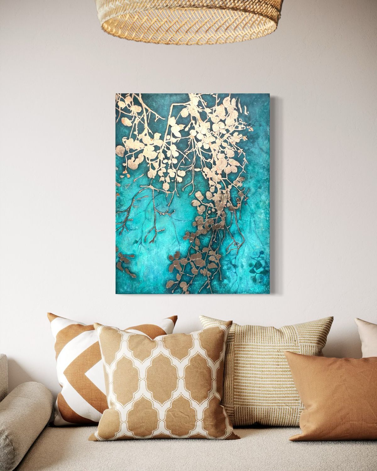 ИНТЕРЬЕРНАЯ КАРТИНА с золочением ВЕТКА бирюза 60/80см купить в интернет ...