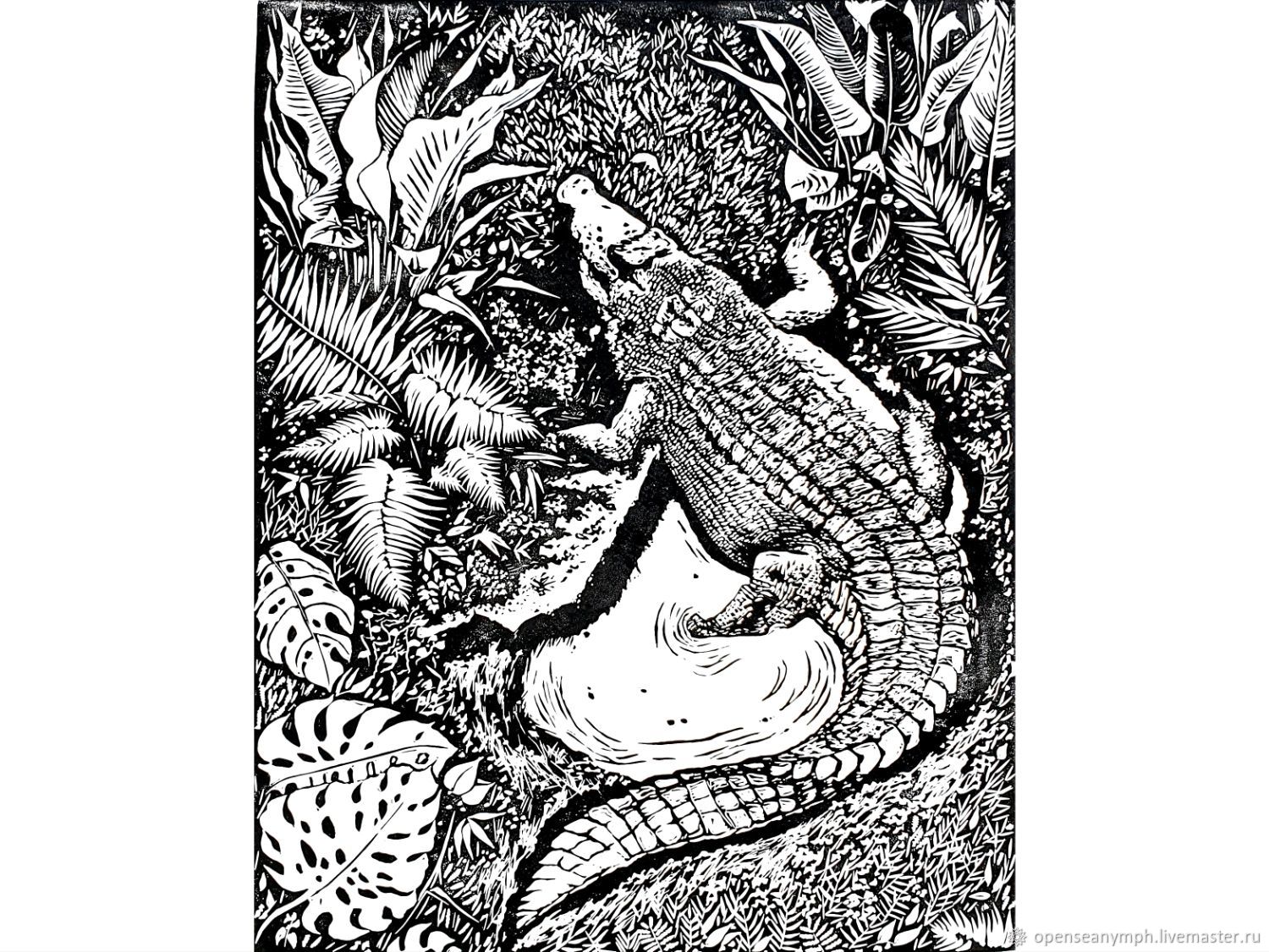 Линогравюра Крокодил Картина черно белые интерьерные картины животных в ...