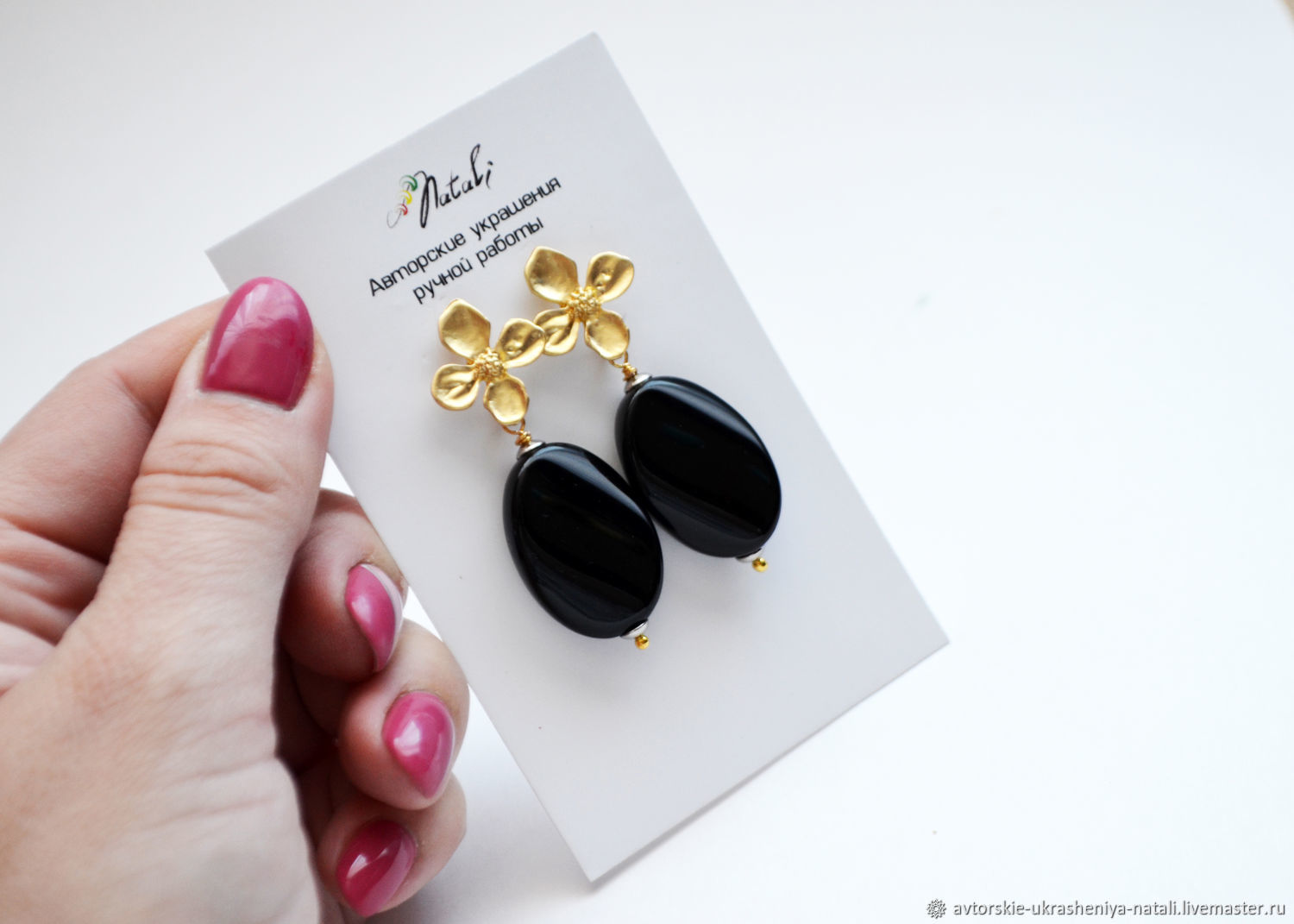 Серьги классические с черным агатом в золоте в интернет-магазине ...