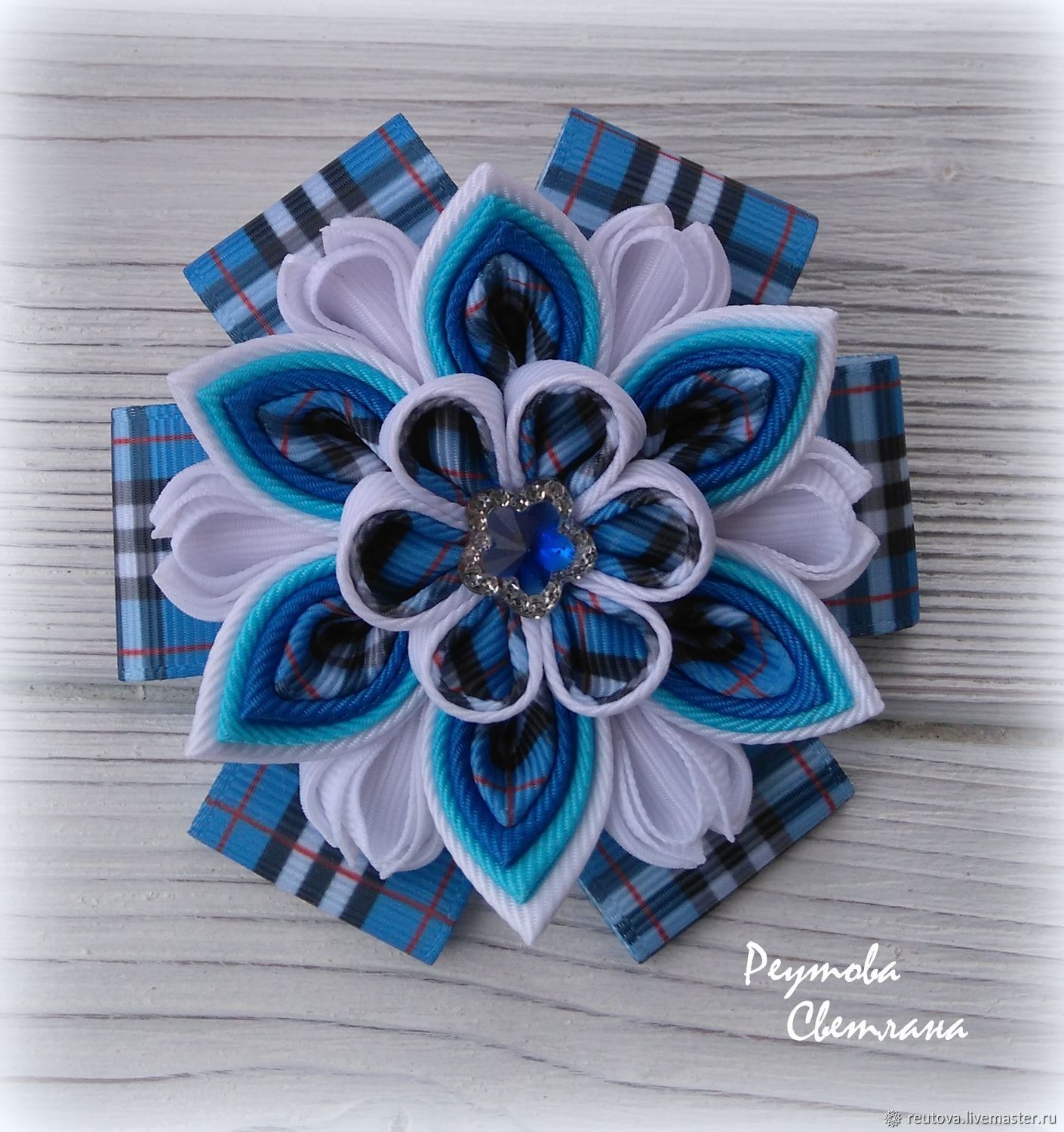 Резинки для волос Клетка синяя в технике канзаши – заказать на Ярмарке ...
