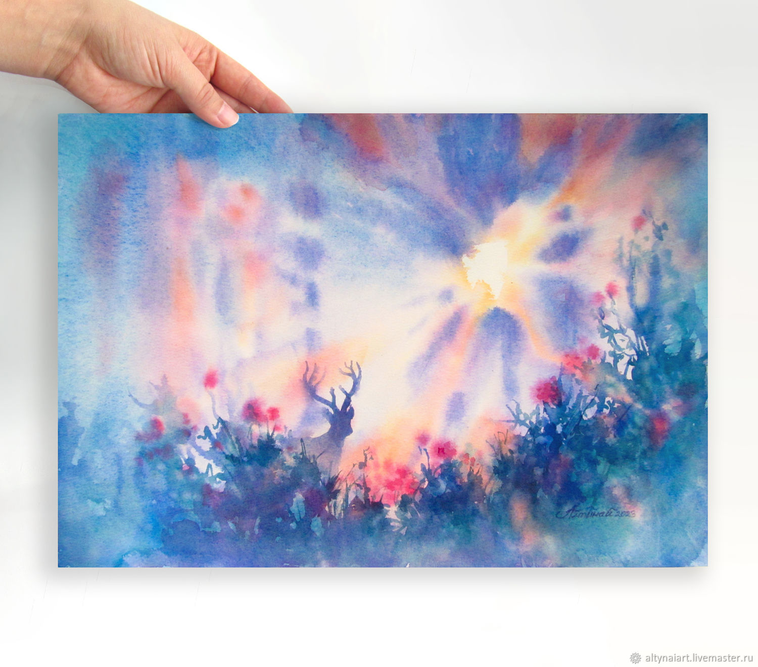 Картина: Лесной Пейзаж акварелью. Встреча с солнцем. Картина с оленью в ...