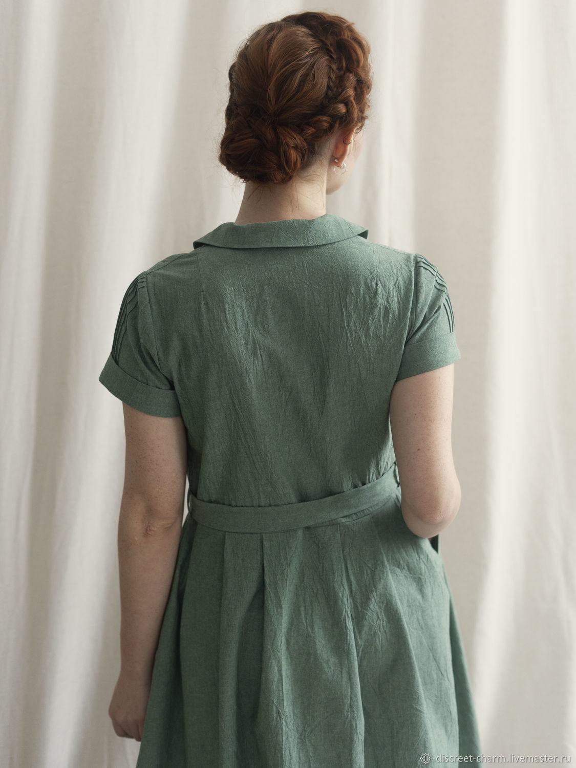 Зеленое летнее платье, из хлопка, повседневное, в офис, на пуговицах в ...