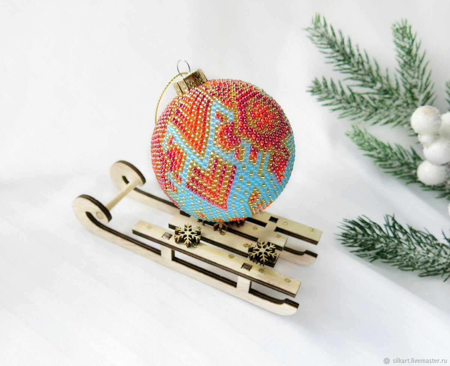 Елочные игрушки: Шары из бисера оранжево-голубые с золотом в интернет ...