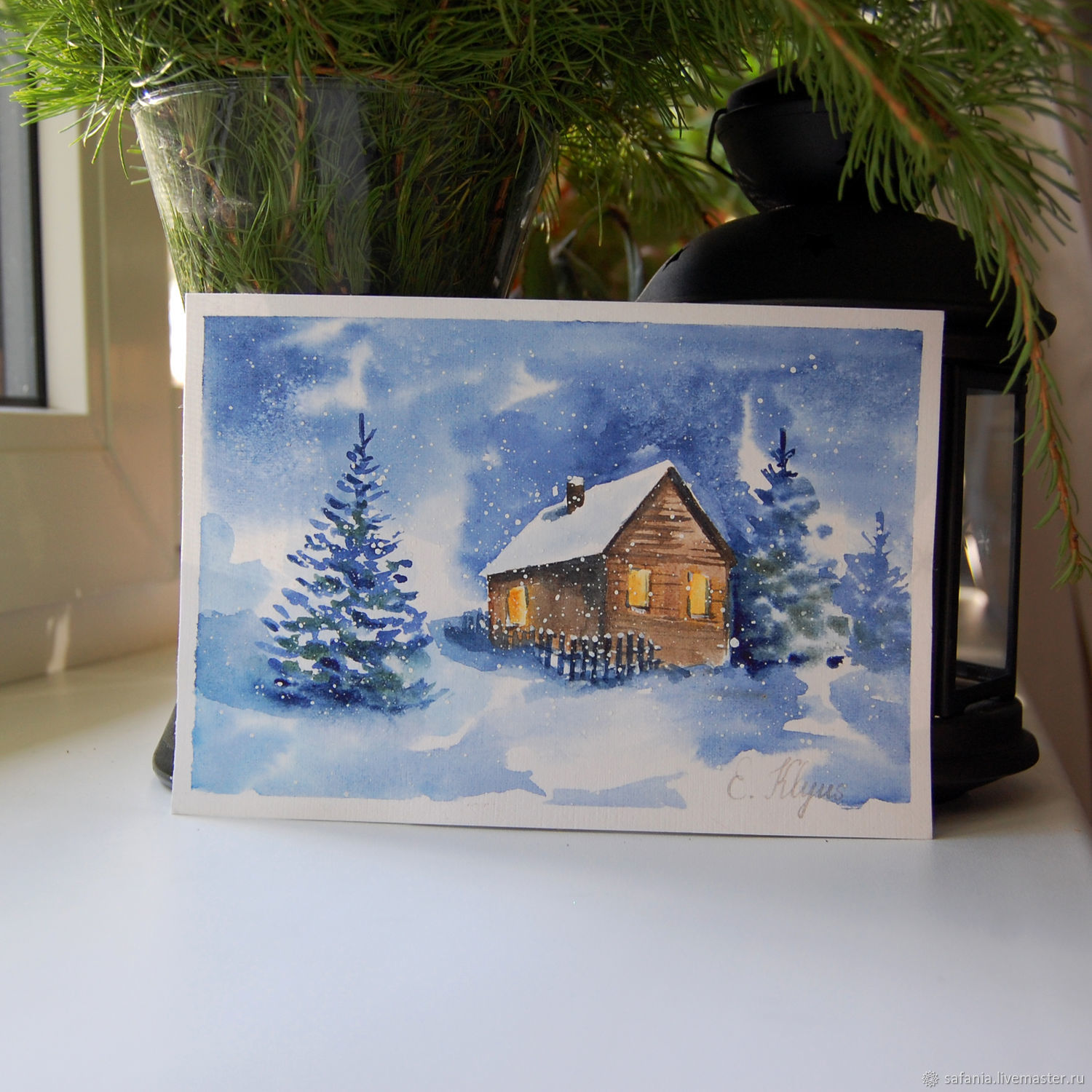 Акварель "Зимний домик", открытки ручной работы, новогодние в интернет ...