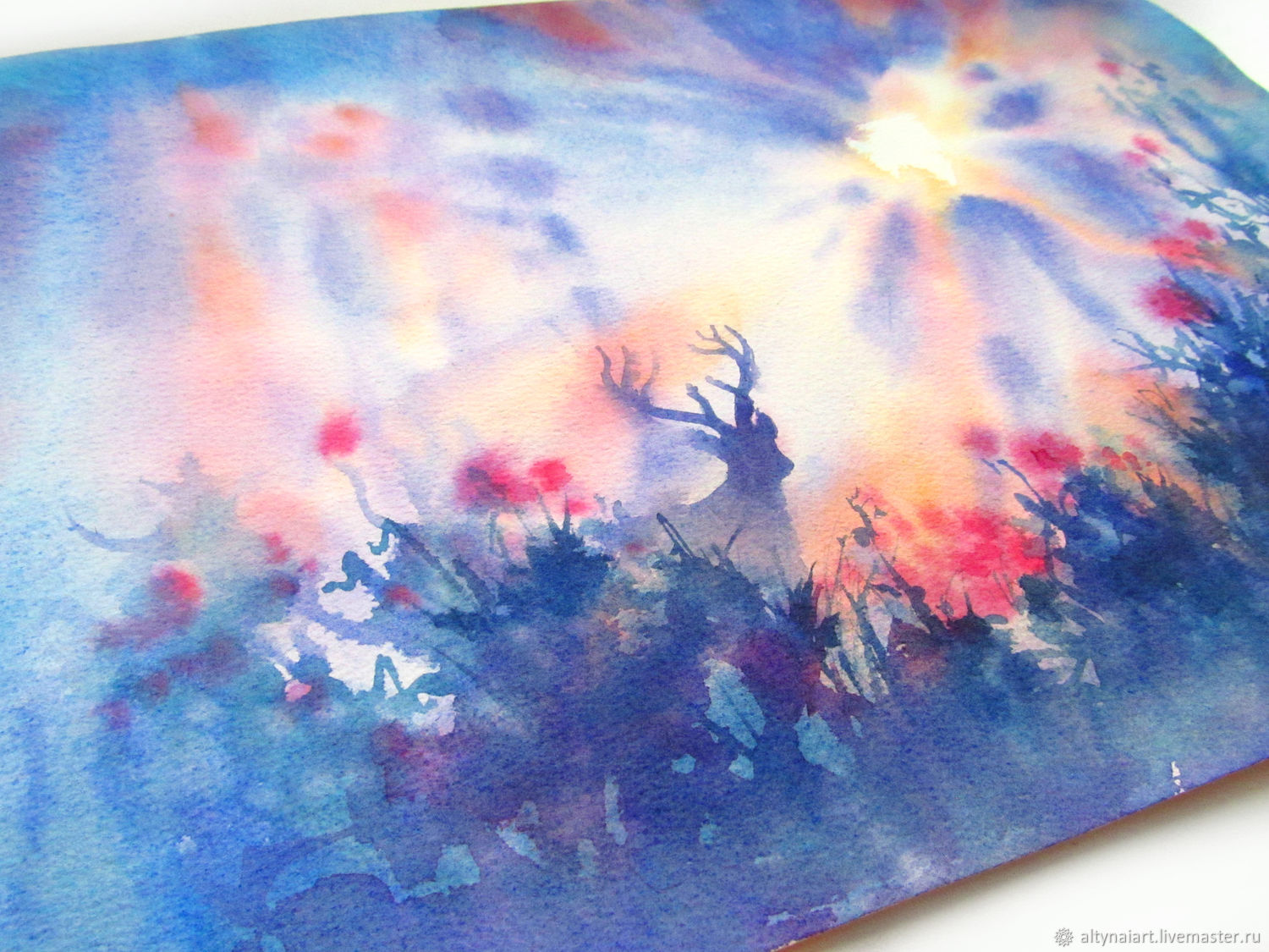 Картина: Лесной Пейзаж акварелью. Встреча с солнцем. Картина с оленью в ...