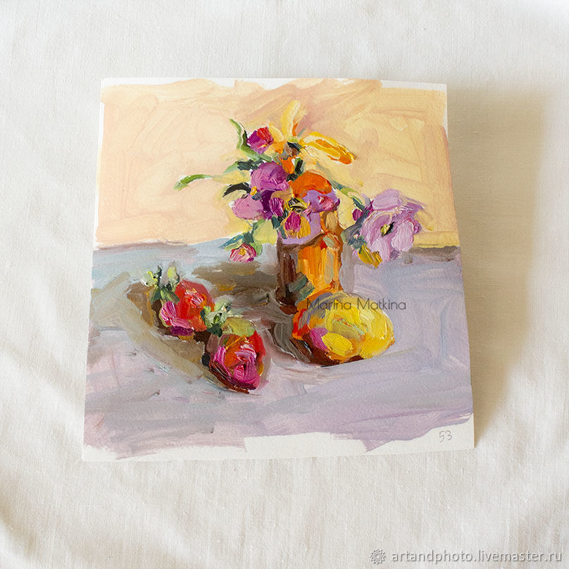 Маленькая картина натюрморт в стиле наброска. С лимоном и викторией. в ...