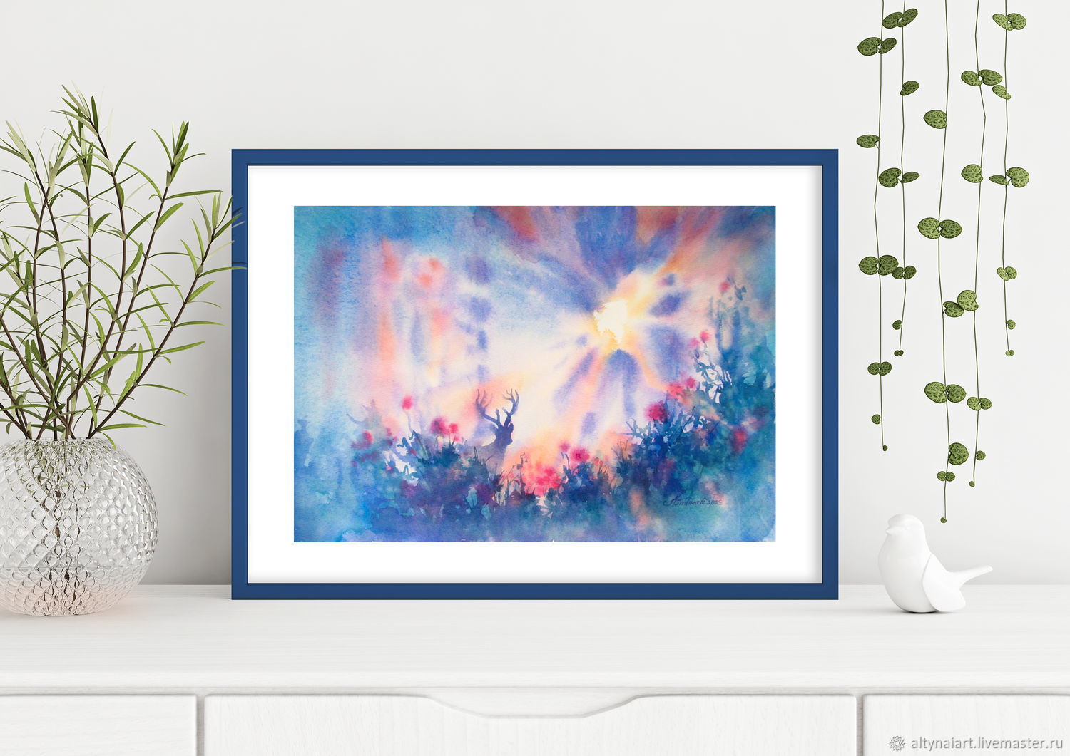 Картина: Лесной Пейзаж акварелью. Встреча с солнцем. Картина с оленью в ...