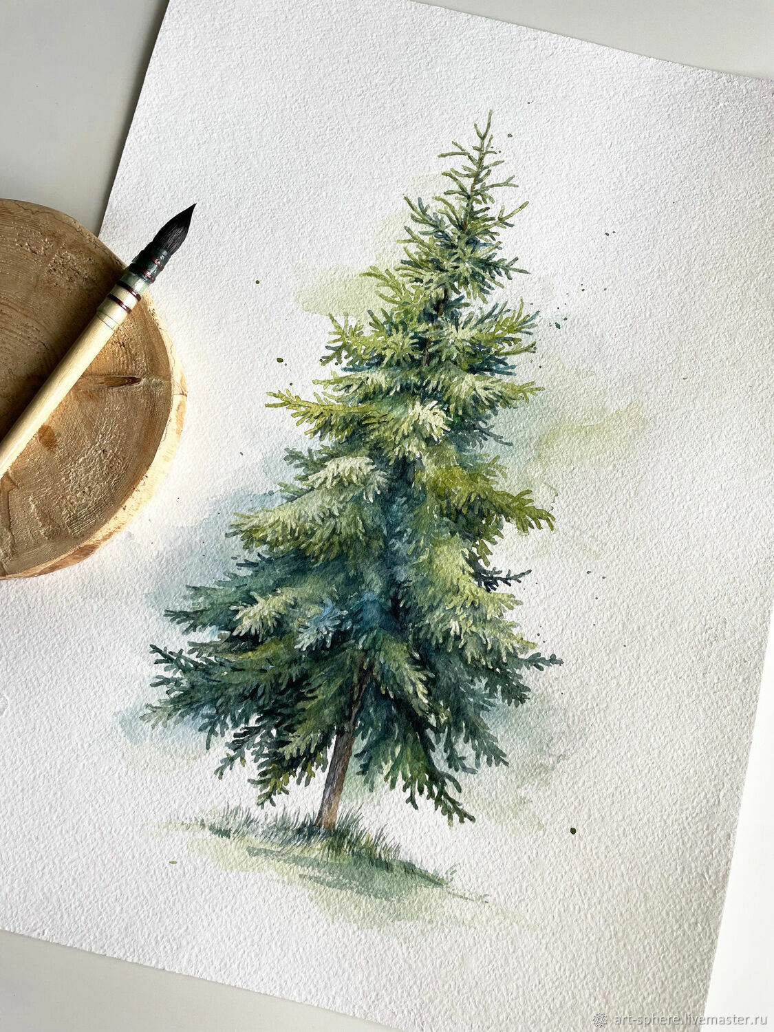 Картина акварелью Ель, Картина минимализм пейзаж акварелью на заказ в ...