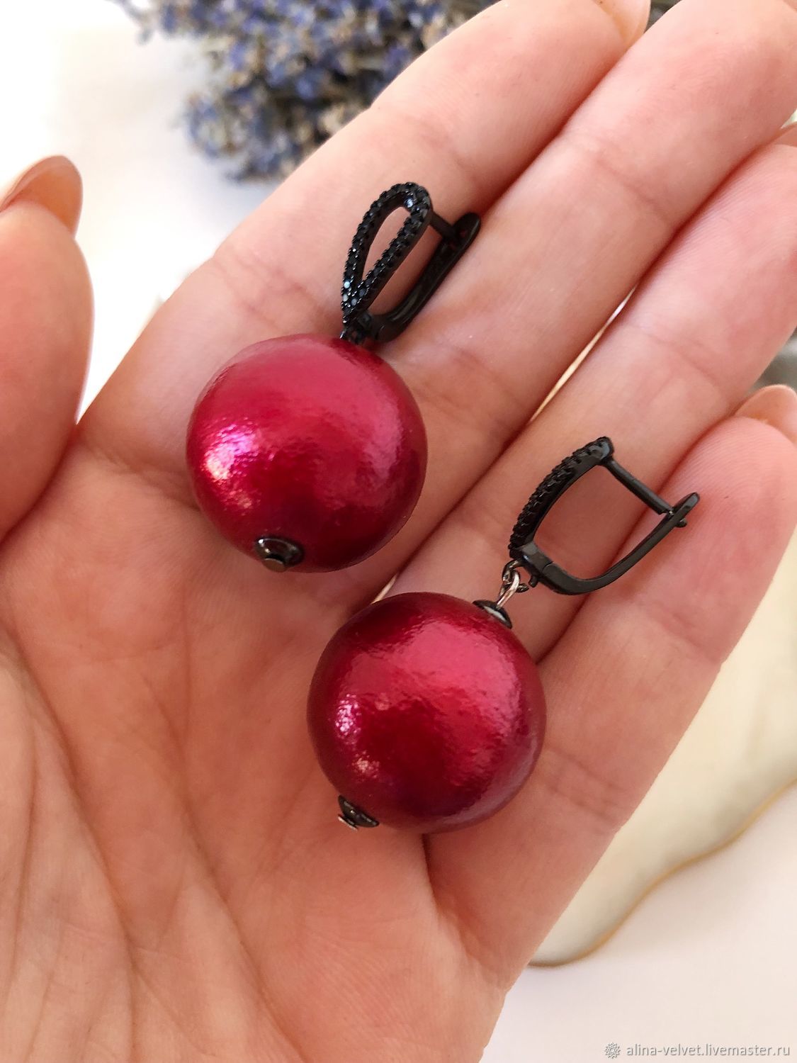 Красные серьги бардовые жемчуг хлопковый, бижутерия, крупные, сережки ...