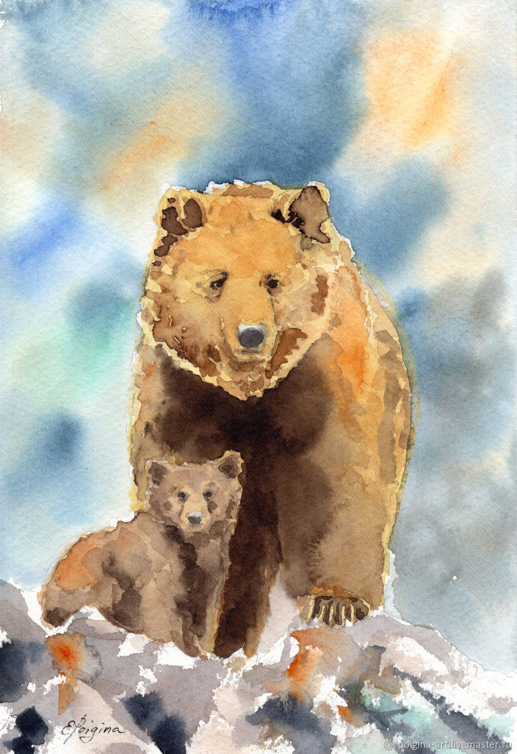 Подарок папе - акварельная открытка-картина Медведь с медвежонком в ...