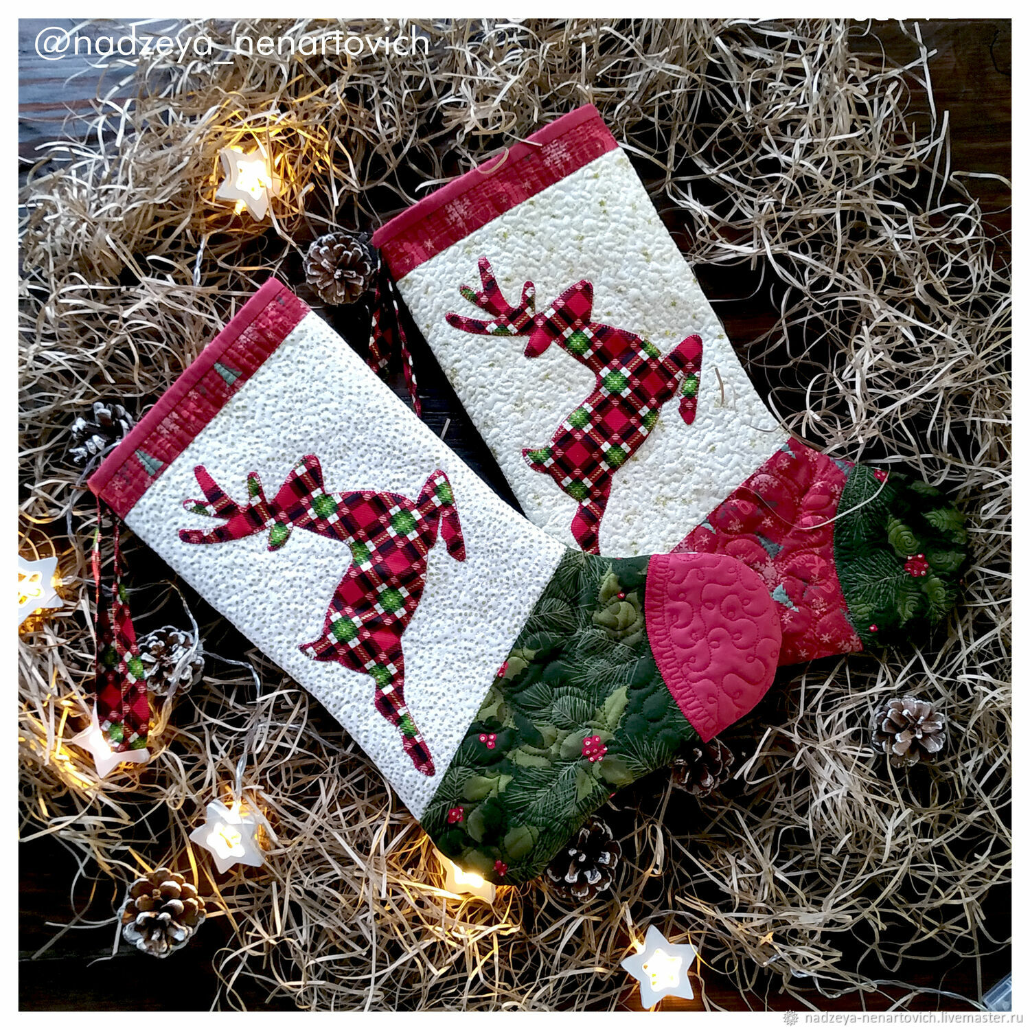 Новогодний носок: с аппликацией оленя и декоративной стежкой – заказать ...