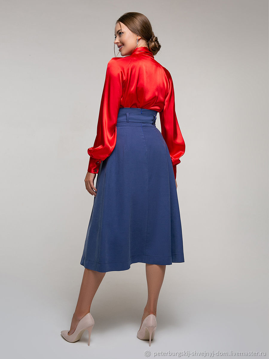 Юбка синего цвета с широким поясом и карманами в интернет-магазине ...