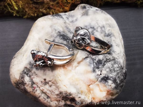 Серьги мужские медведь плоские - серебро купить в интернет-магазине ...