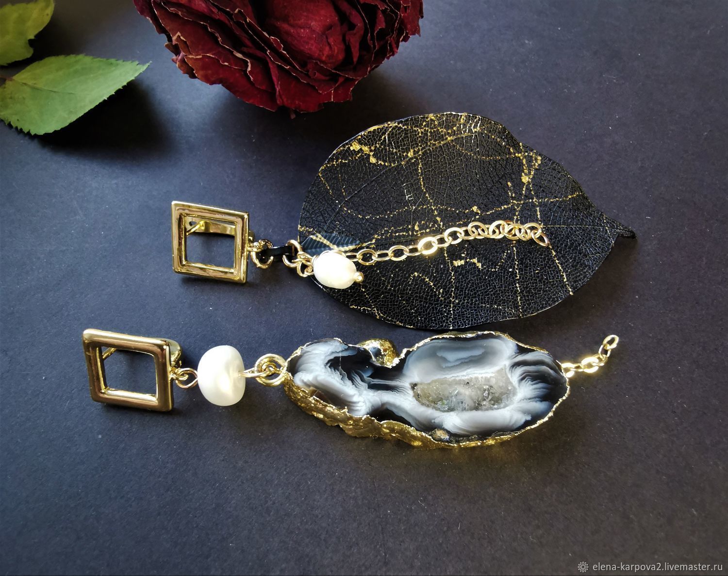 Серьги с друзой агата, жемчугом и настоящим листом купить украшения ...