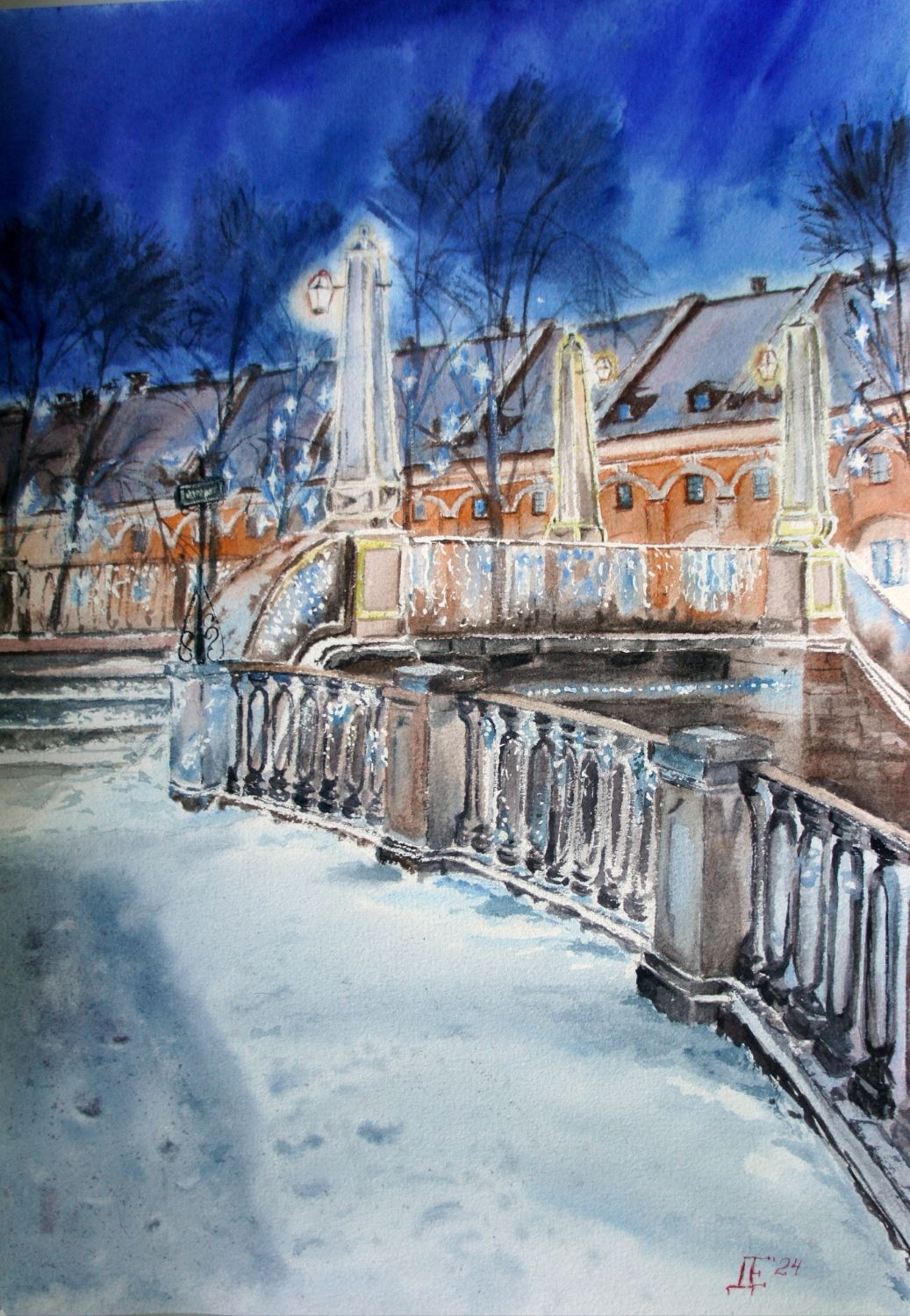 Картина акварелью новогодний мост Семимостье зимний пейзаж в интернет ...