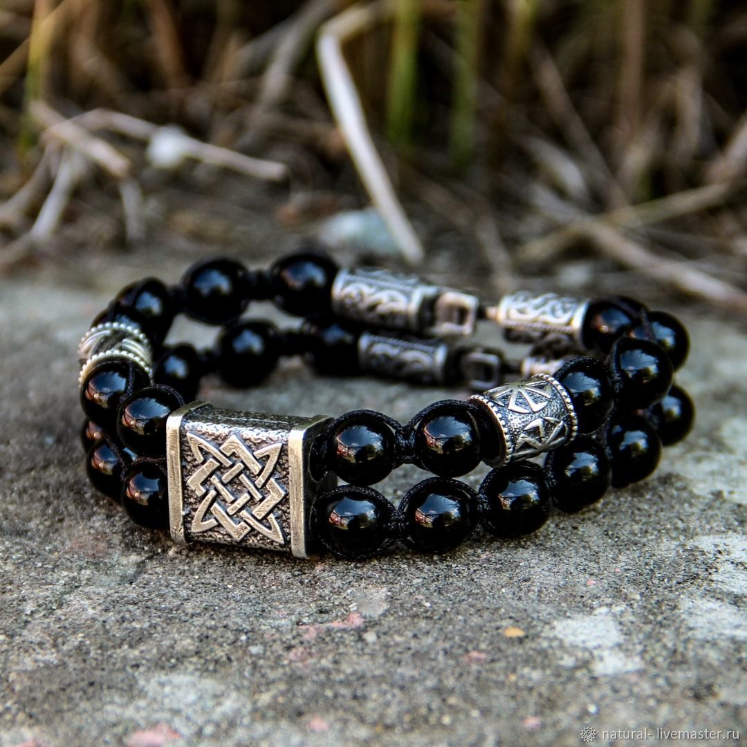 Славянский серебряный браслет мужской из агата с рунами кожаный в ...