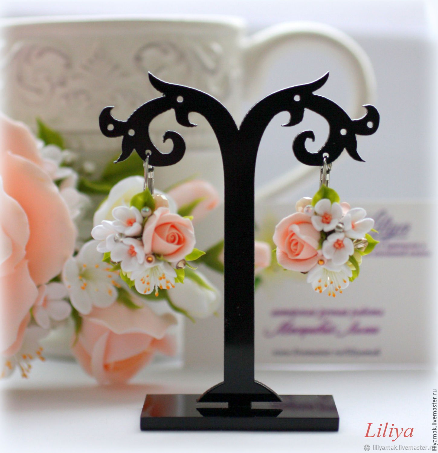 Серьги "Cream roses" с цветами ручной работы в интернет-магазине ...